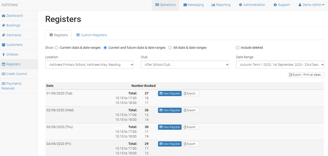 Exporting a Register to Excel | Kids Club HQ